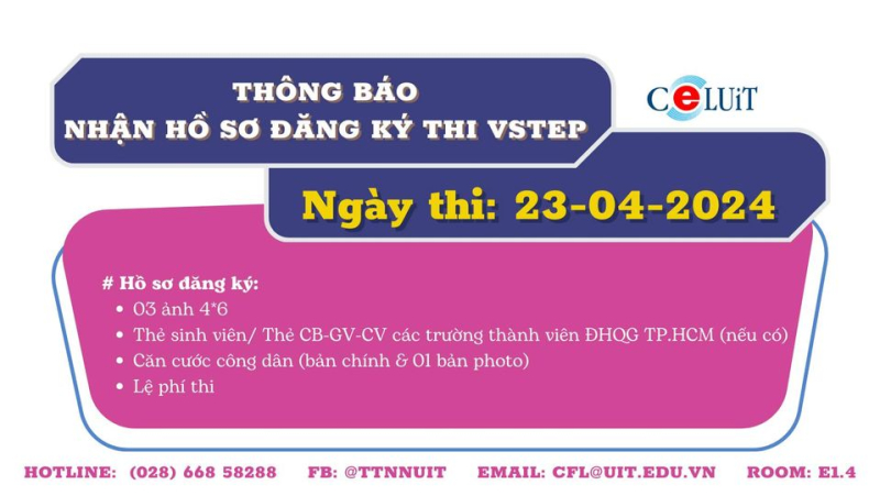 TTNN - Thông báo nhận hồ sơ đăng ký thi VSTEP ngày 23/4/2024